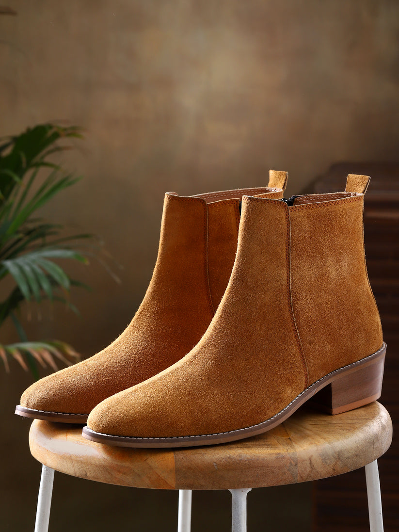 Suede Leather Cuban Heel Boots - Tan – Lozano